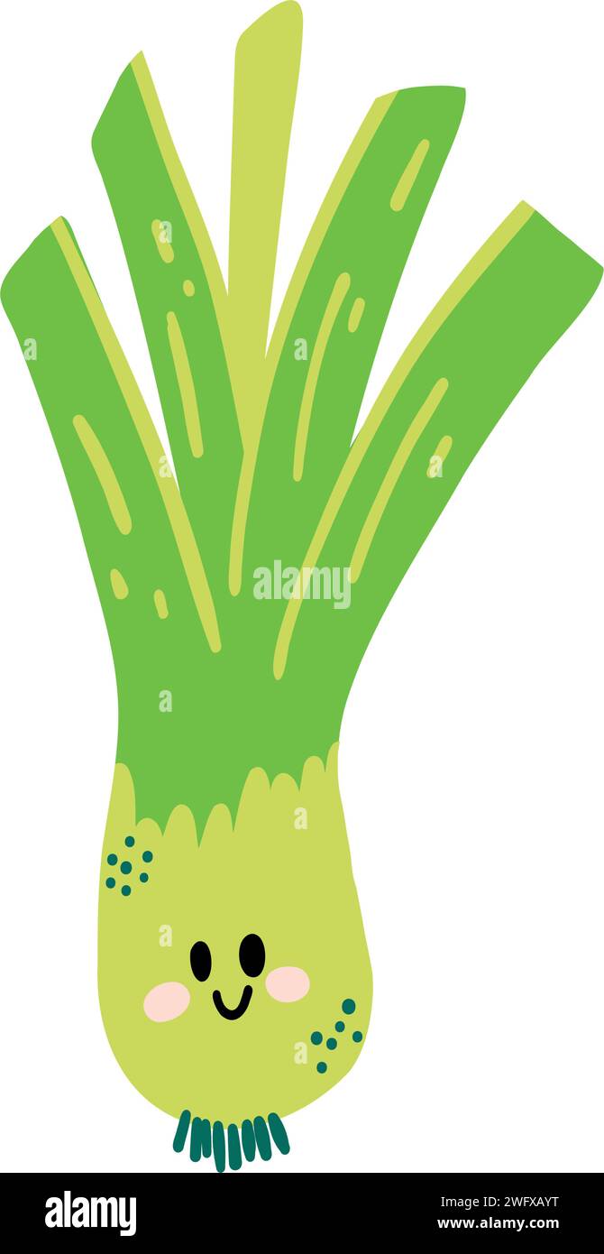 Cute hand drawn leek smiling. Kawaii funny vegetable character for kids ...