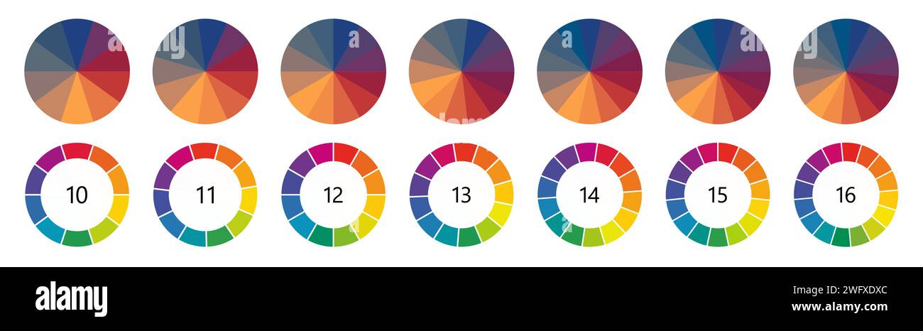 Circle shape divided into colorful segments, version with 10 to 16 ...