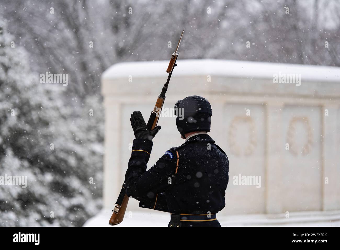 A tomb guard from the 3d U.S. Infantry Regiment (The Old Guard) walks ...