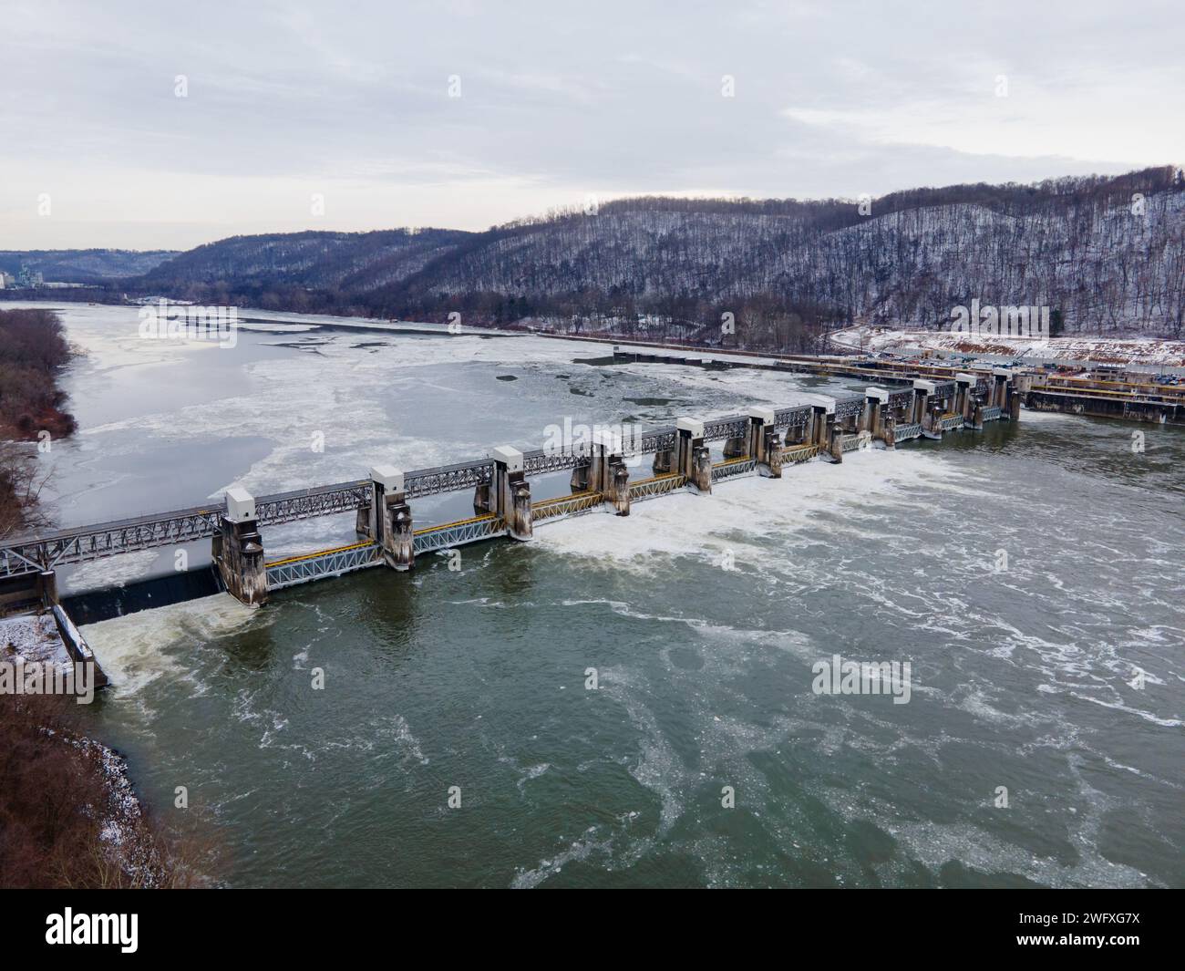 An aerial view shows icy waters on Ohio River flowing through the ...