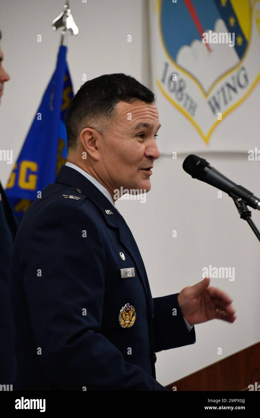 Col. Randy Saldivar, 168th Mission Support Group commander, speaks to ...