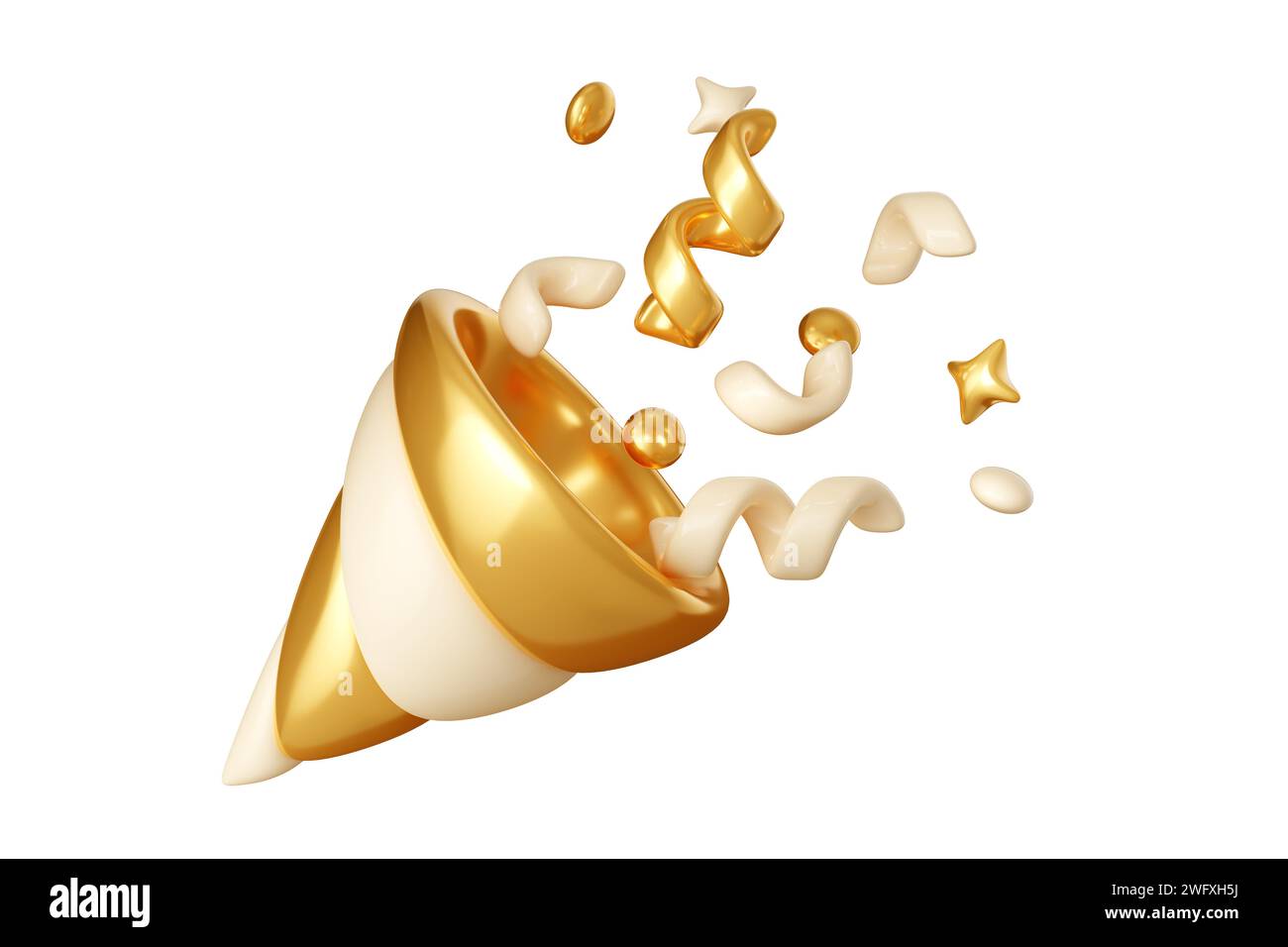 Golden party popper with confetti streamer and star 3d render ...
