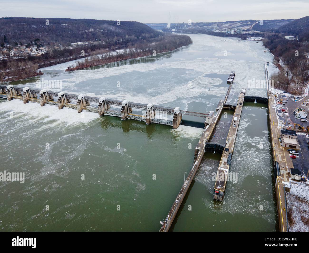 An aerial view shows icy waters on Ohio River flowing through the Montgomery Locks and Dam in ...