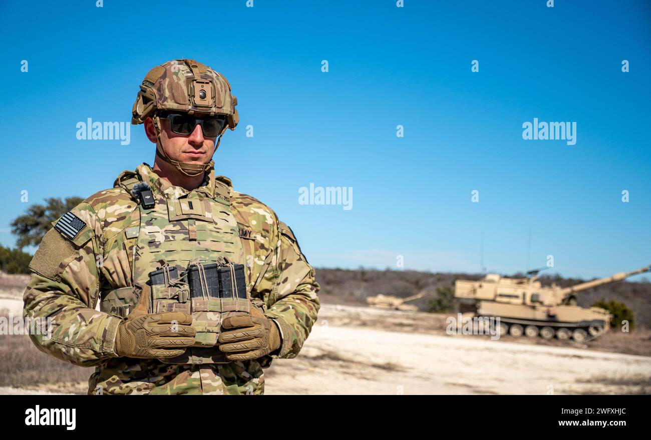 1st Lt. Tanner Oxer, a U.S. Army Trooper assigned to Apex Battery, 2nd ...