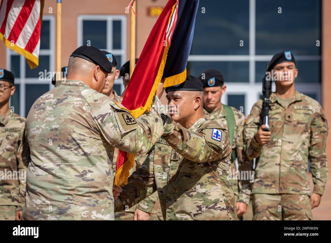 U.S. Army Command Sgt. Maj. Shon K. Antolin, right, outgoing command ...