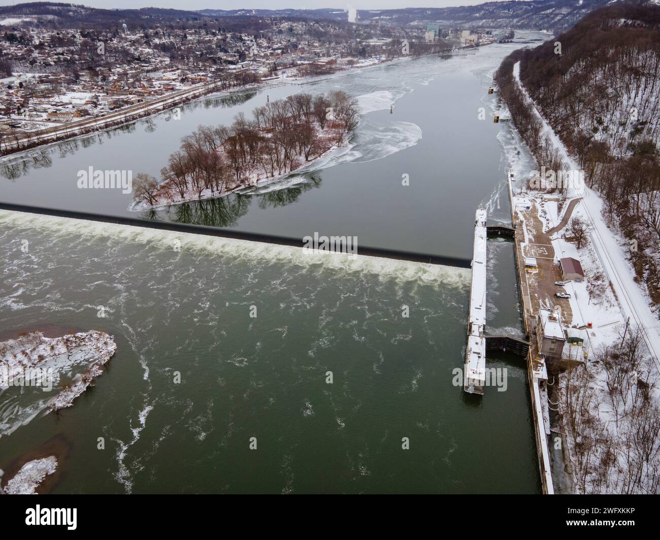 A wintery aerial view of Allegheny River C.W. Bill Young Lock and Dam ...
