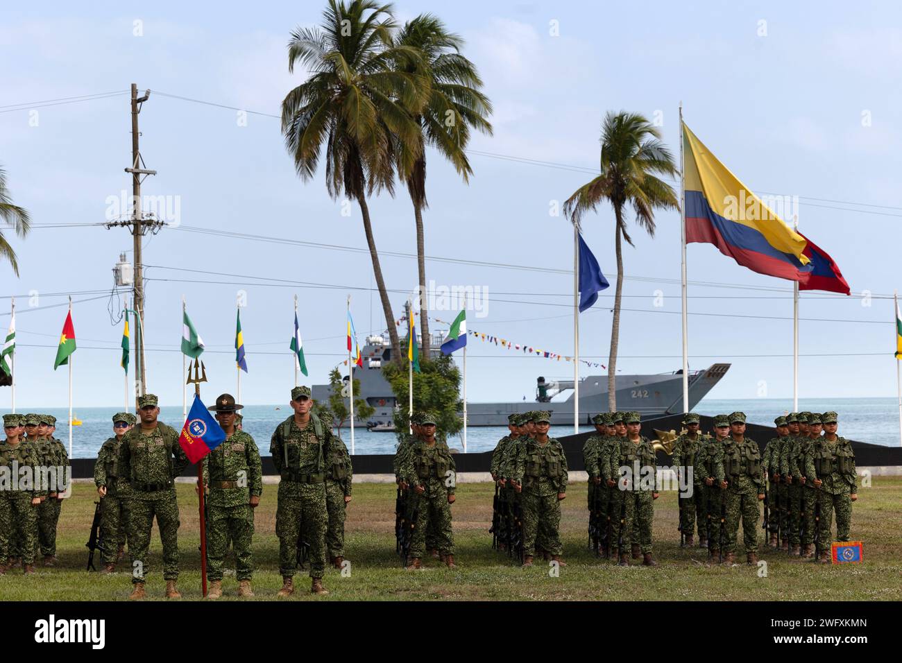 Infantes de Marina de Colombia (Colombian Marines) stand in formation ...