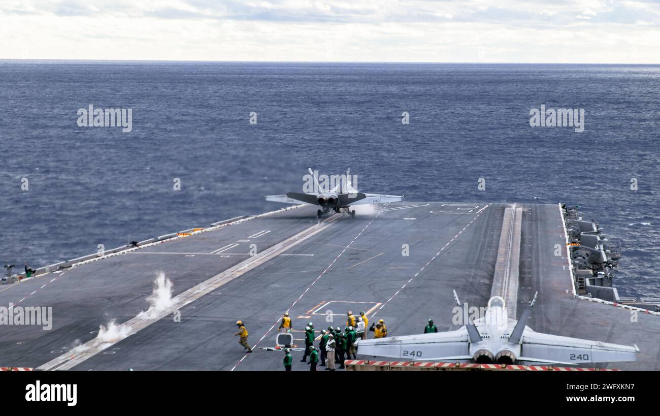 An F-35F Super Hornet assigned to Strike Fighter Squadron (VFA) 147 launches from the flight ...