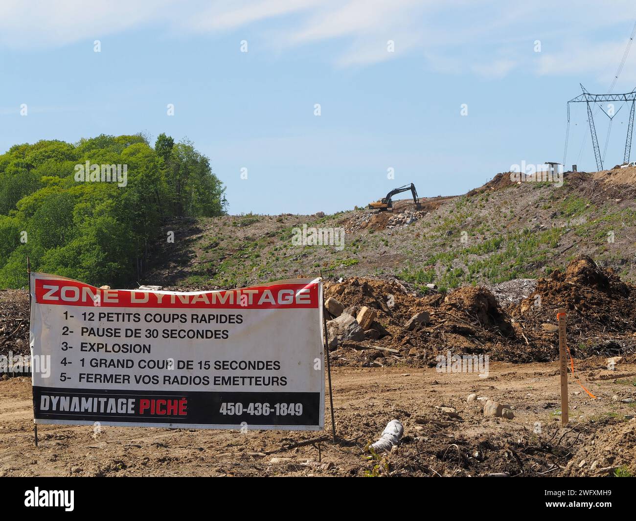Dynamite warning sign at a construction site. Quebec,Canada Stock Photo ...