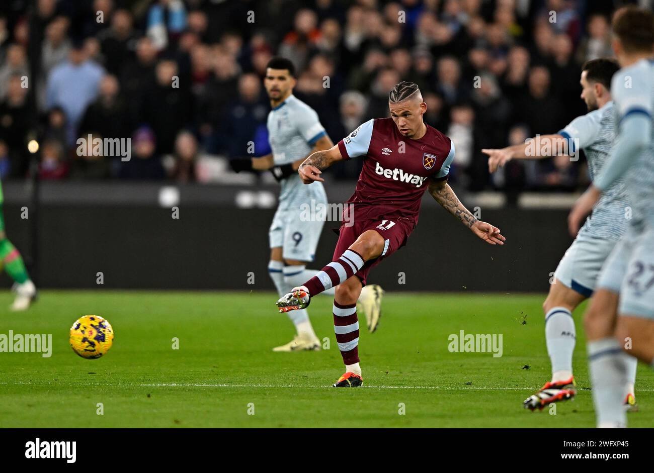 London, UK. 1st Feb, 2024. Kalvin Phillips (West Ham) during the West ...