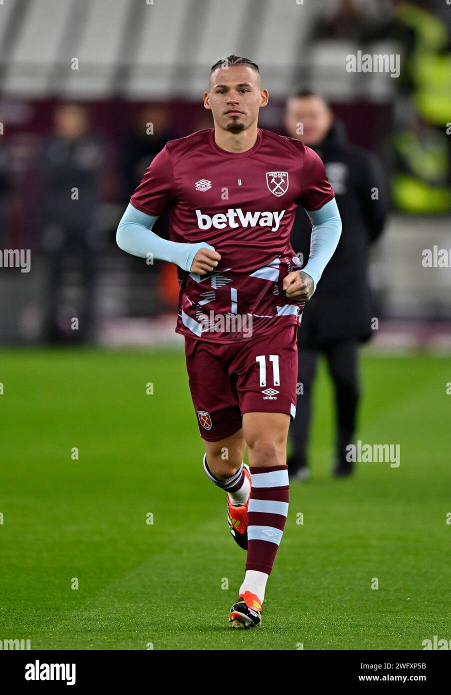 London, UK. 1st Feb, 2024. Kalvin Phillips (West Ham) in the warm up ...