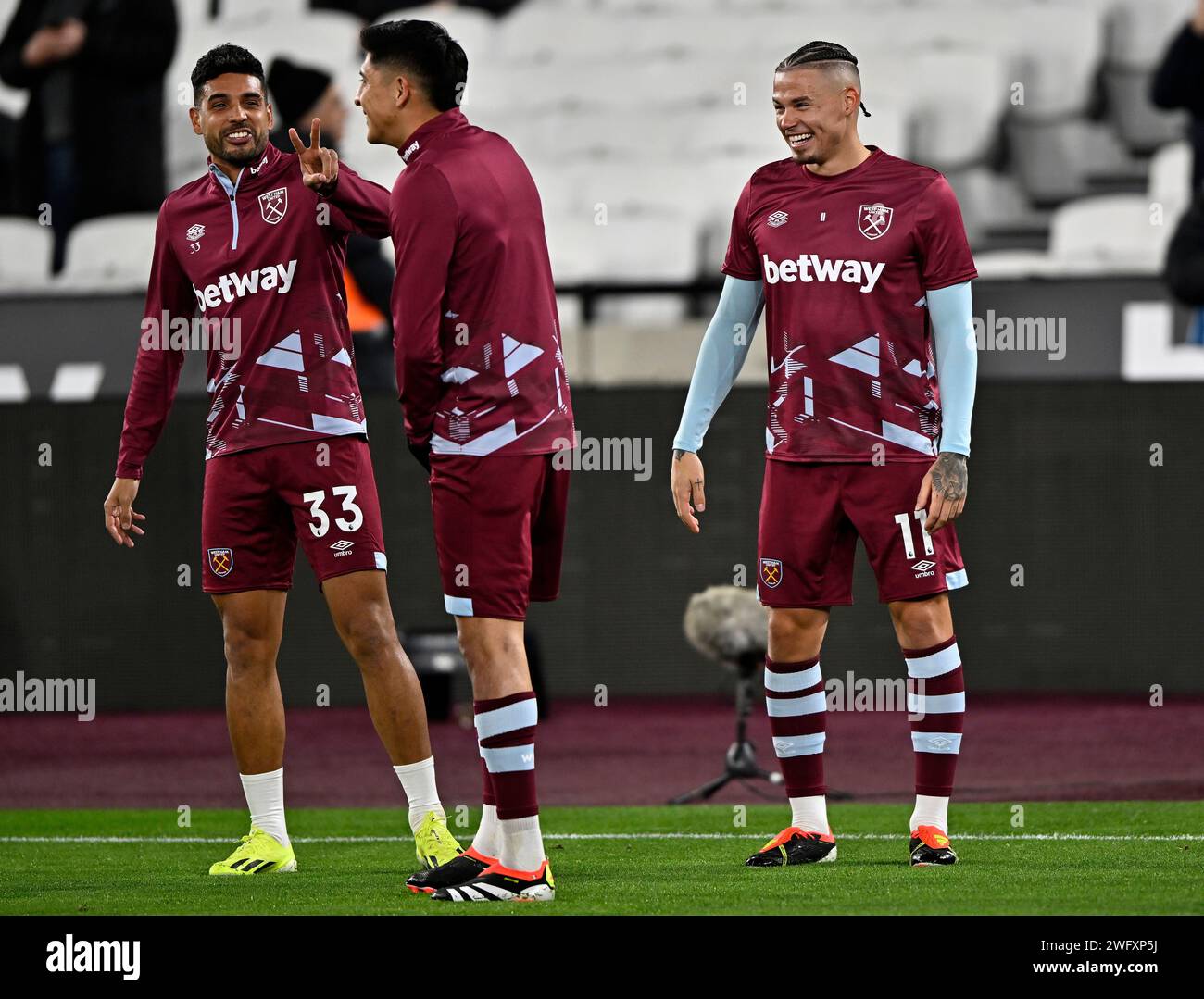 London, UK. 1st Feb, 2024. Kalvin Phillips (West Ham) shares a joke with Emerson Palmieri (West ...