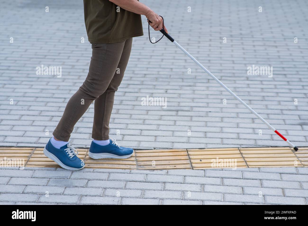 Close-up of the legs of an elderly blind woman with a cane at a tactile ...