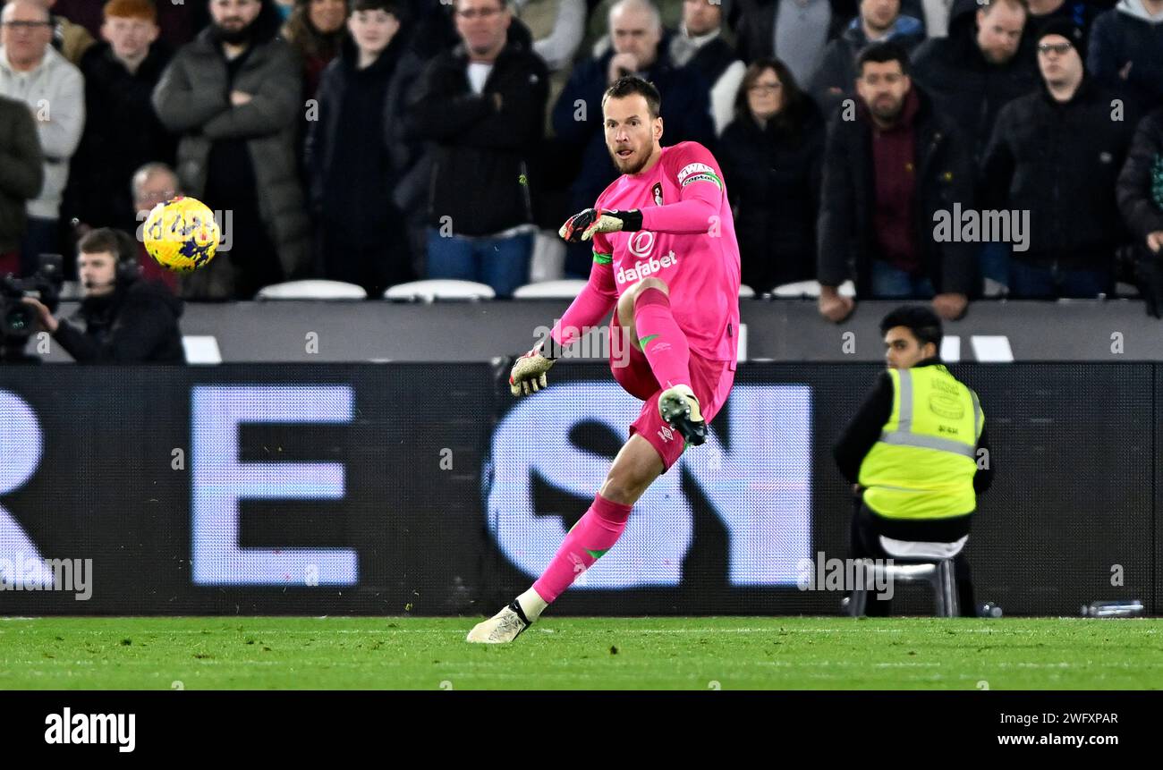 London, UK. 1st Feb, 2024. Neto (Bournemouth, goalkeeper) kicks during ...