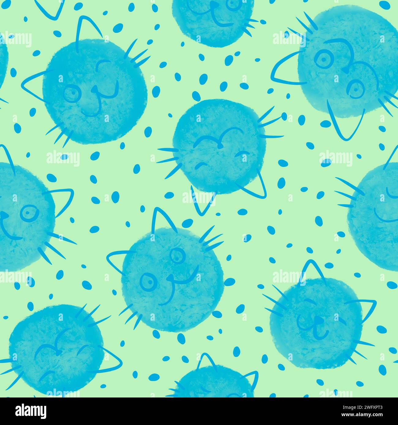 Cartoon watercolor paint spots and animals seamless cats pattern for ...