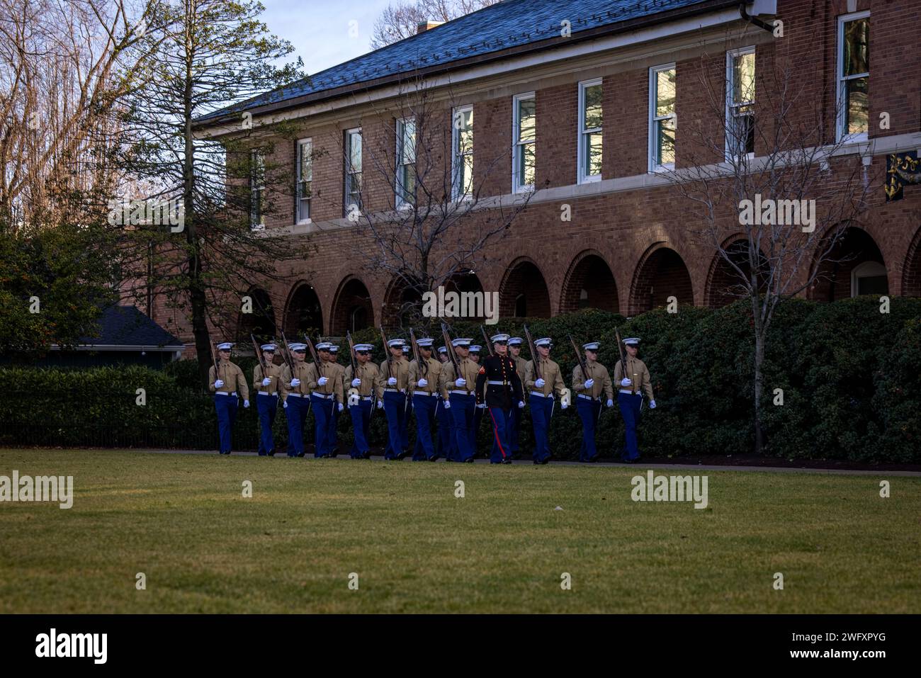 Barracks Marines march onto the parade deck during the Rifle Ceremonial ...