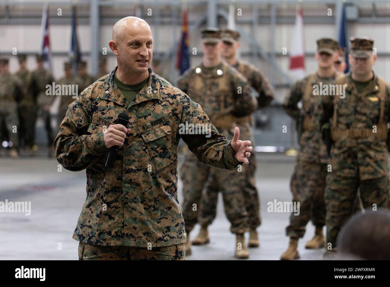 U.S. Marine Corps Lt. Col. Daniel Jernigan gives a speech during a ...