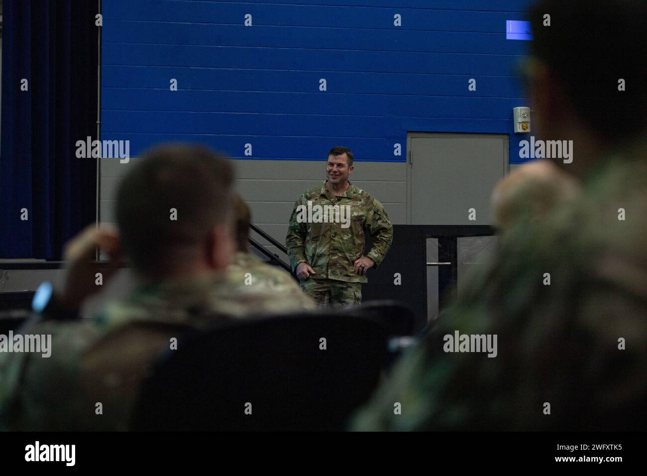 U.S. Air Force Col. Paul Sheets, 23rd Wing commander, speaks to Airmen ...