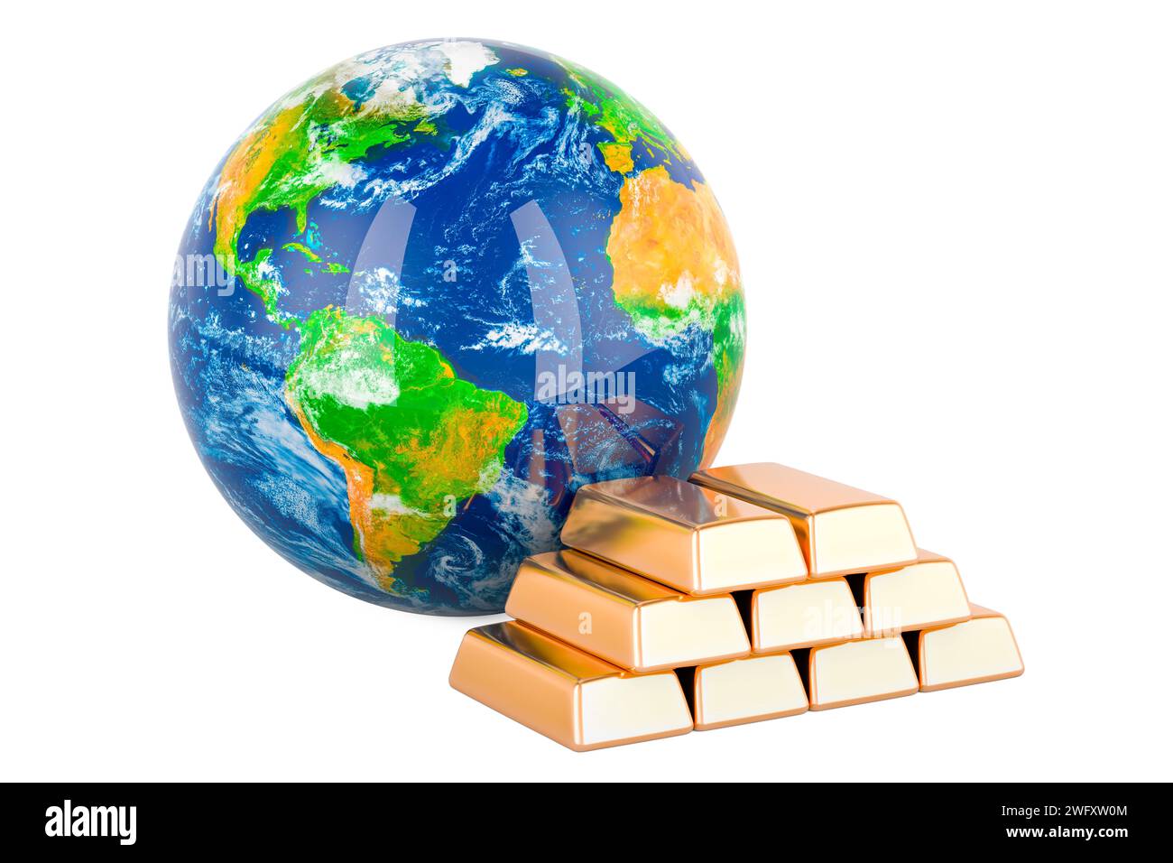 Gold ingots with Earth Globe, 3D rendering isolated on white background ...
