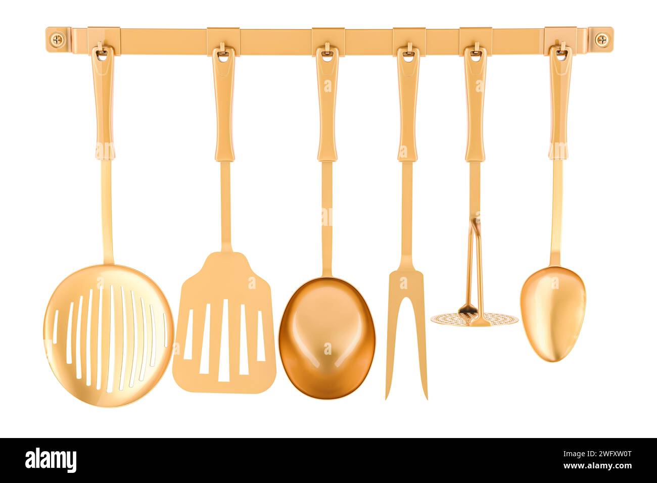 Golden kitchen utensils on a kitchen hook strip, 3D rendering isolated ...