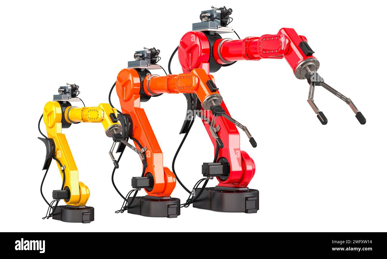 Robotic Arms, different sizes and colors. 3D rendering isolated on ...