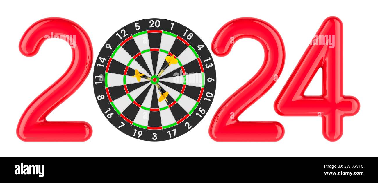 Target and mission in 2024, concept with darts in bullseye. 3D ...
