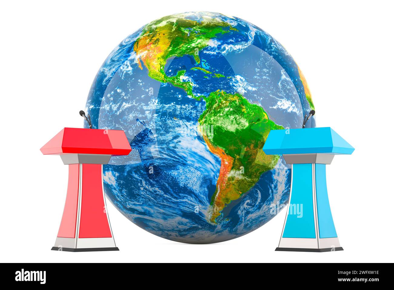 Global Debate concept with tribunes and Earth Globe. 3D rendering ...