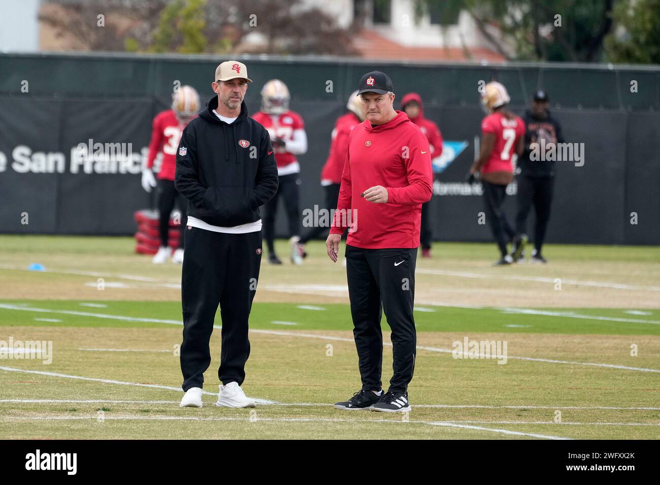 San Francisco 49ers general manager John Lynch, right, and head coach ...
