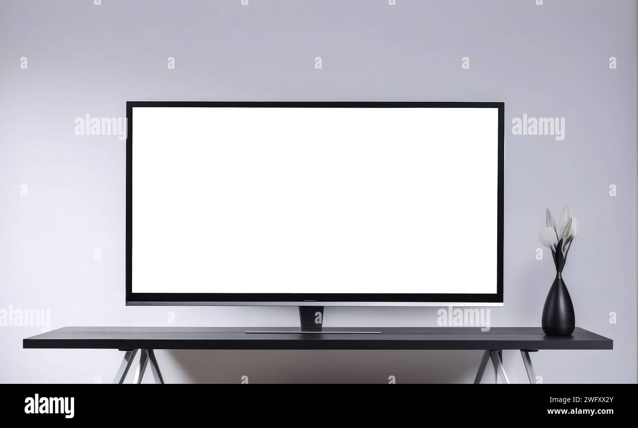 Wide television screen set on modern furniture. Isolated on white ...