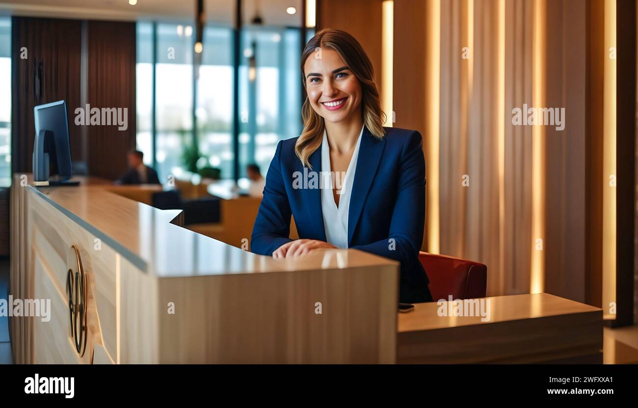 Smiling receptionist waiting customers. Hotel reception, happy female ...