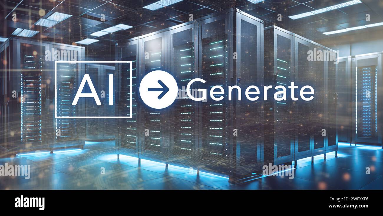 Datacenter with graphs and AI icons. Cloud storage technology. Artificial intelligence concept ...
