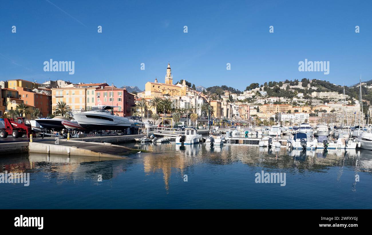 MENTON, FRANCE - JANUARY 27, 2024: Panoramic view of town of Menton ...