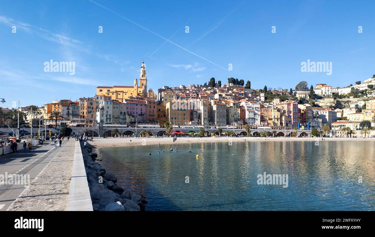 MENTON, FRANCE - JANUARY 27, 2024: Panoramic view of town of Menton ...