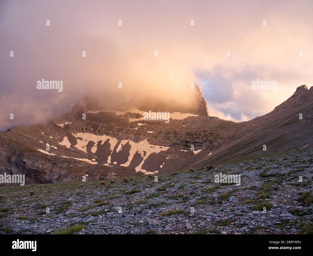 Olympus Mountain peak with clouds during sunset. Stefani peak also ...