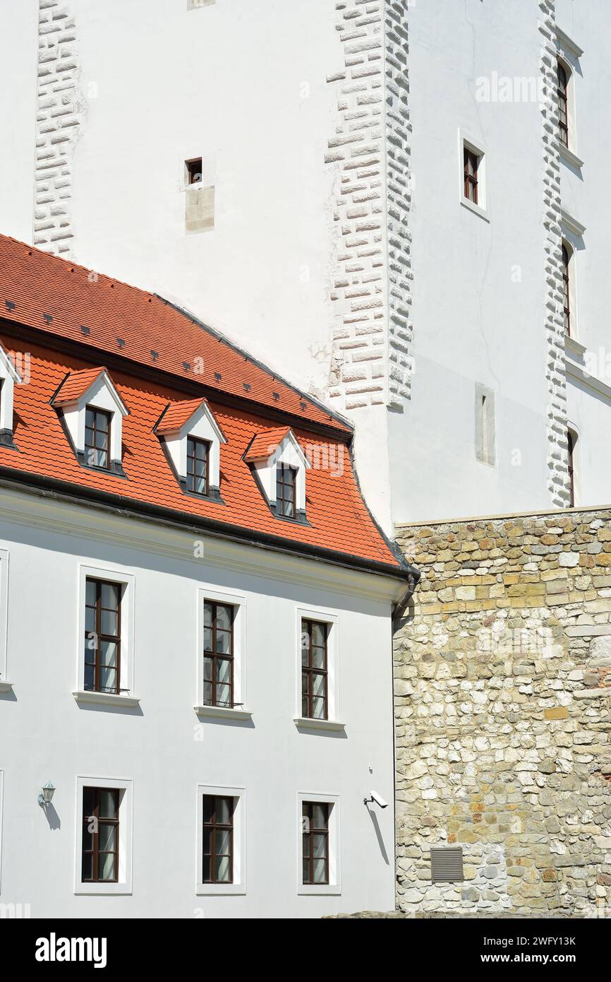 Bright white and non-plastered stone walls of Bratislava Castle ...