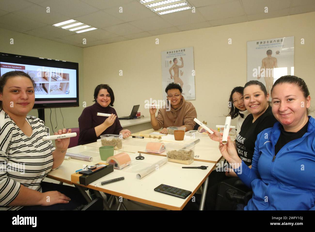 Msida, Malta. 1st Feb, 2024. Students show moxa sticks they made at the ...