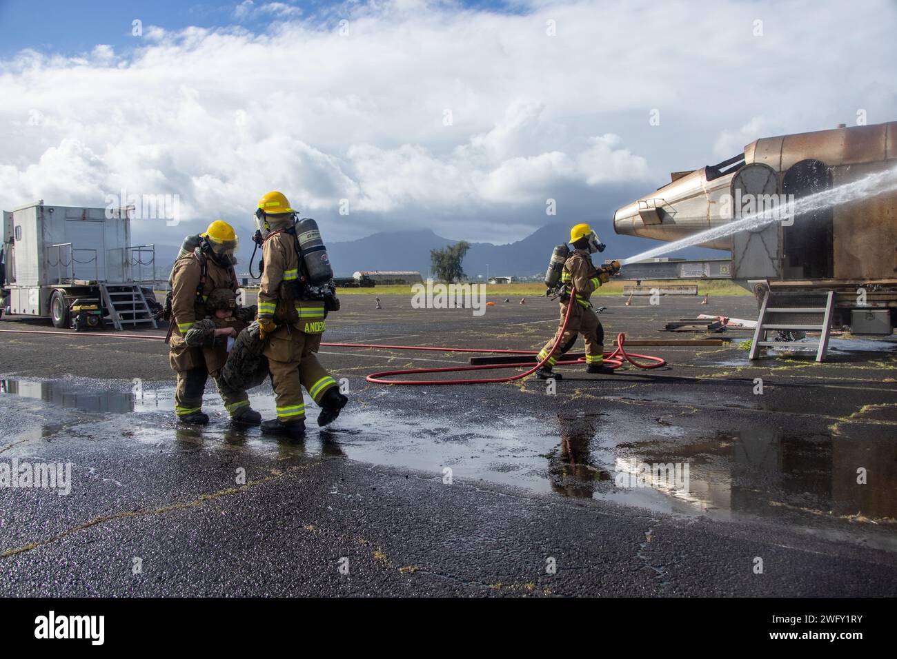 U.S. Marines with Aircraft Rescue and Fire Fighting (ARFF) assigned to ...