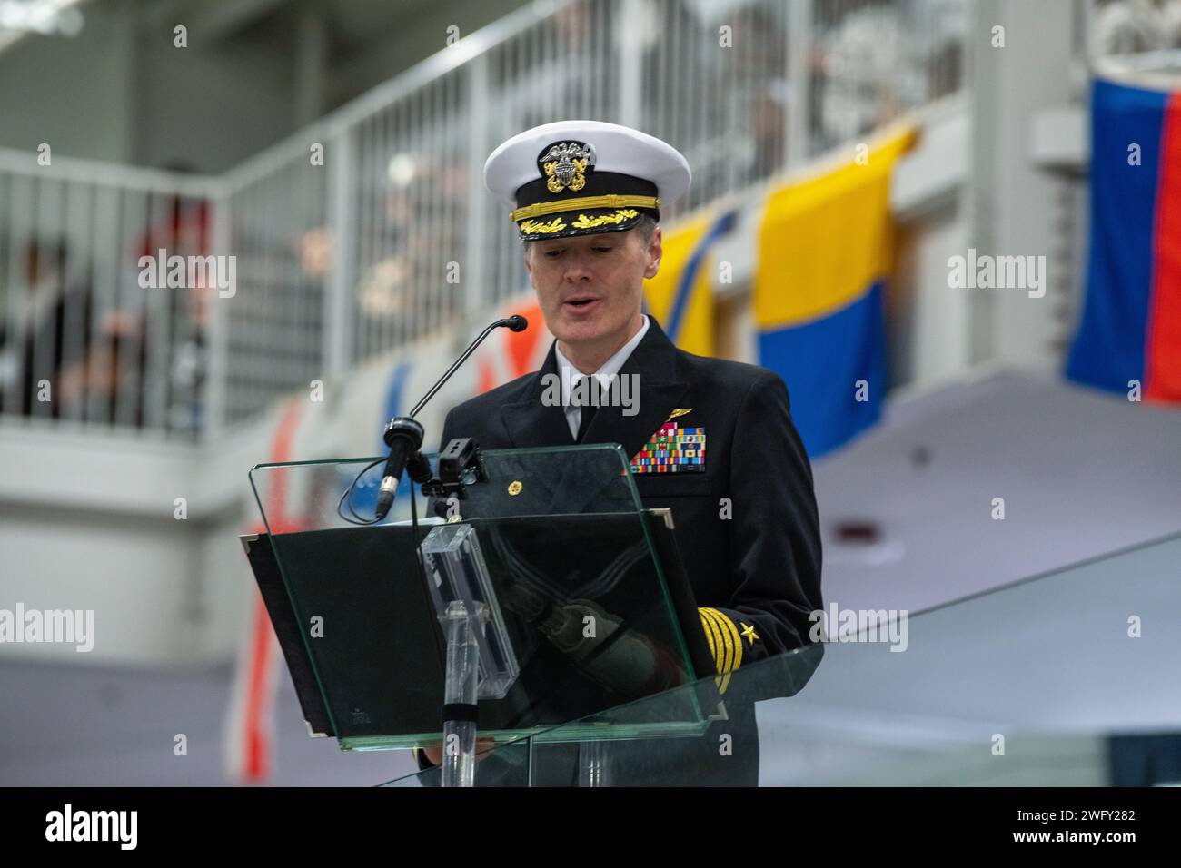 Capt. Kenneth Froberg, commanding officer, U.S. Navy Recruit Training Command, speaks to the ...