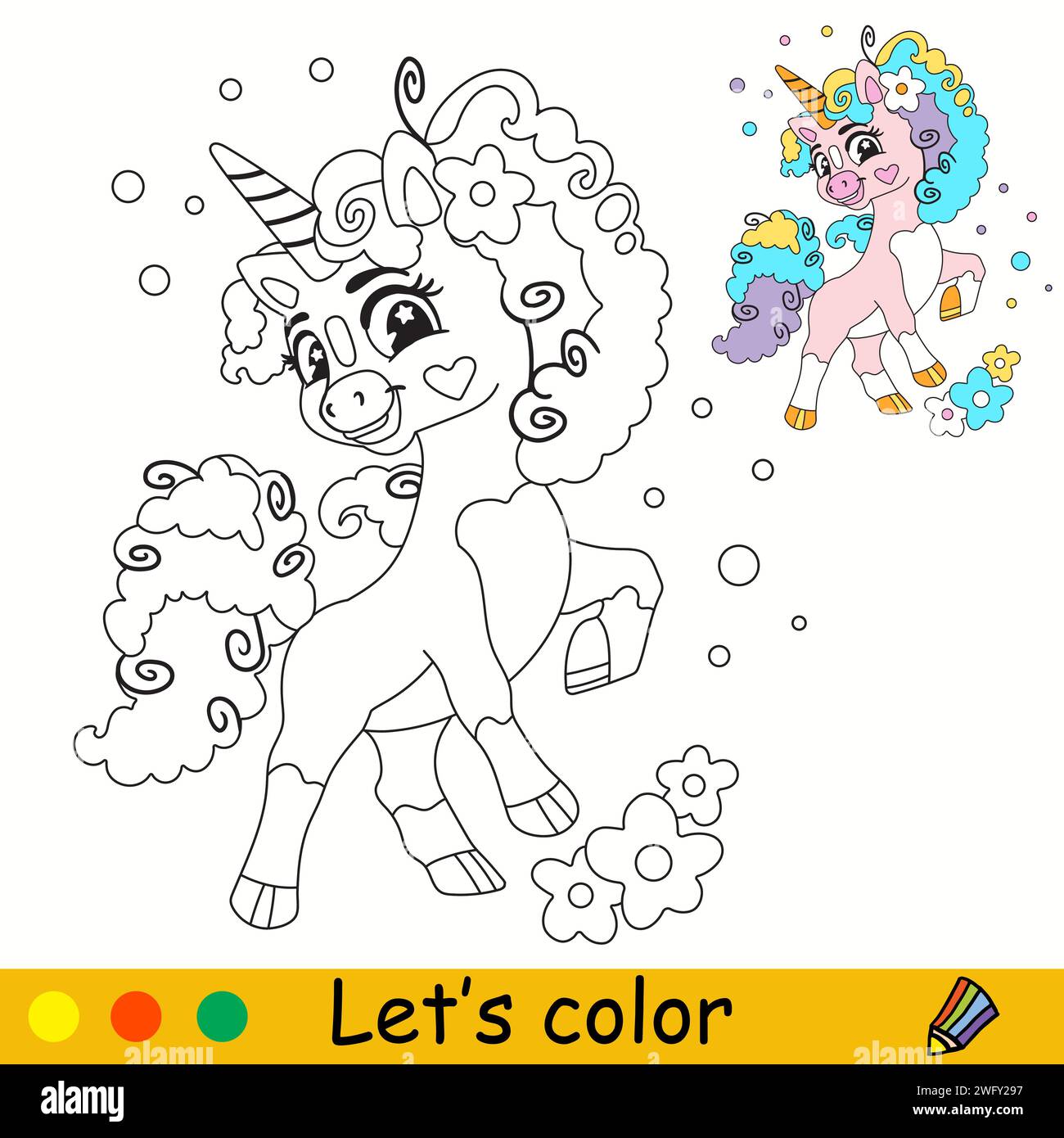 Cartoon cute unicorn with curly mane. Kids coloring book page. Unicorn ...
