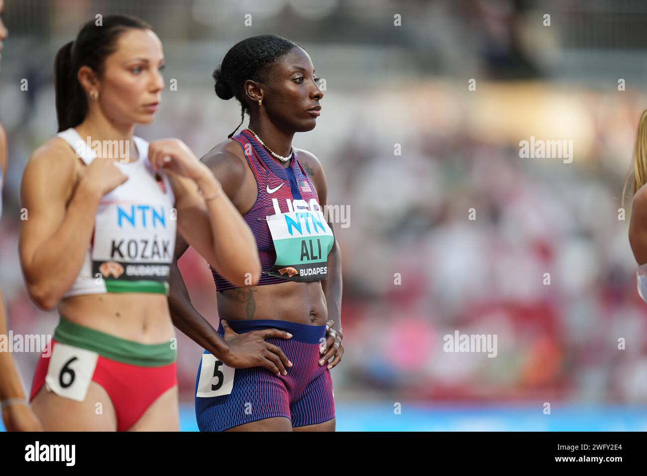 Nia ALI participating in the 100 meters hurdles at the World Athletics ...