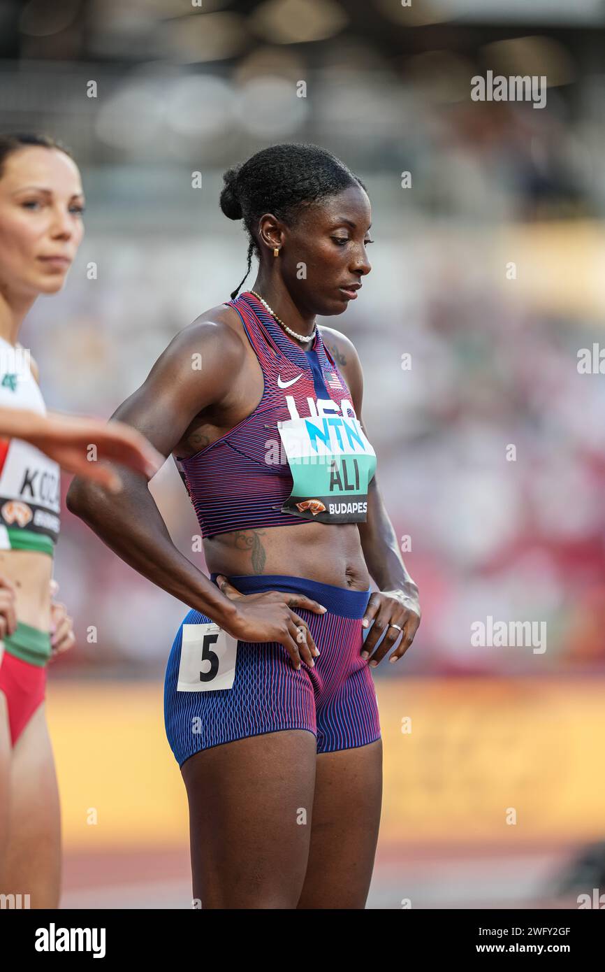 Nia ALI participating in the 100 meters hurdles at the World Athletics ...