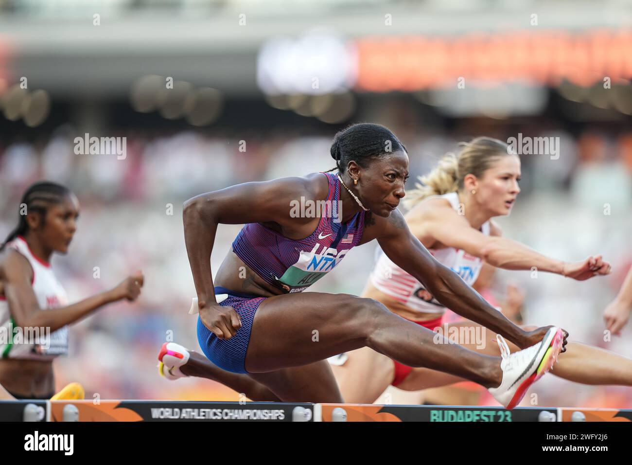Nia ALI participating in the 100 meters hurdles at the World Athletics ...