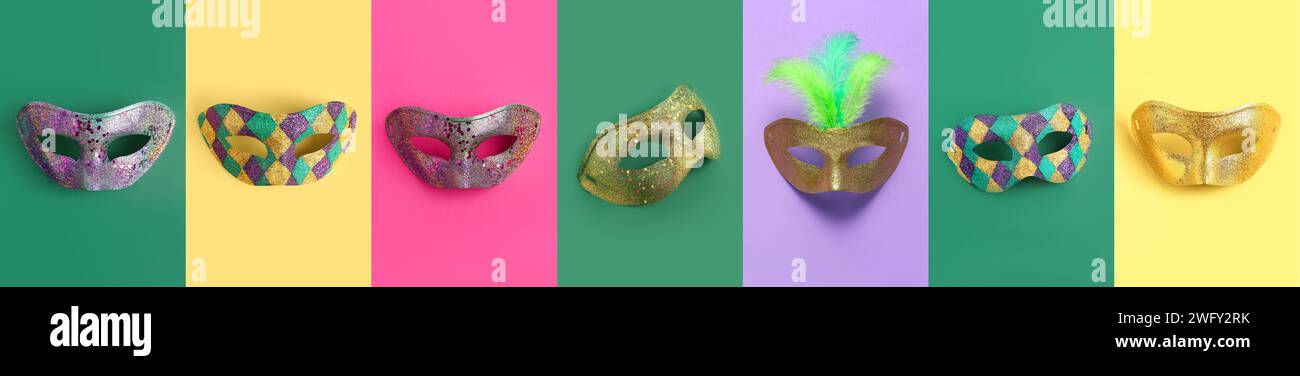 Set of different carnival masks on color background. Mardi Gras (Fat ...