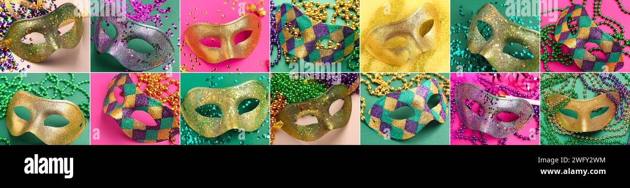 Collage with different carnival masks on color background. Mardi Gras ...