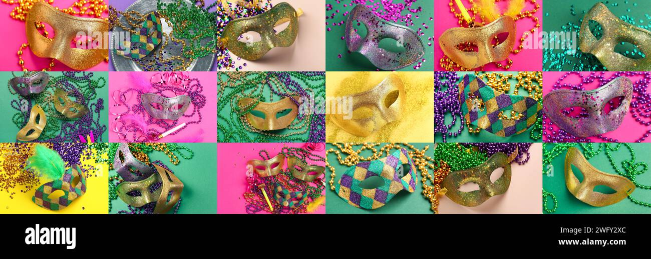 Collage with different carnival masks on color background. Mardi Gras ...