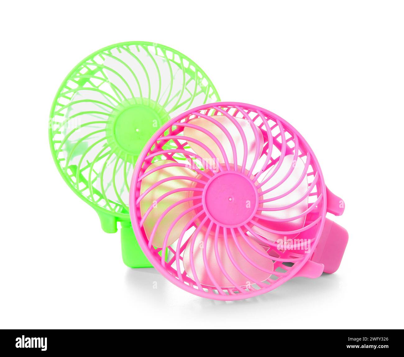 Different small electric fans on white background Stock Photo - Alamy