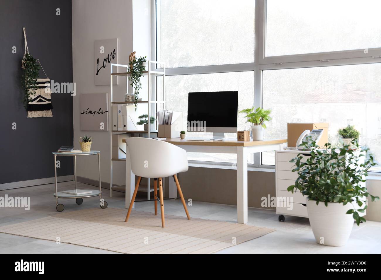 Interior of modern office with workplace, shelf unit and plants Stock ...