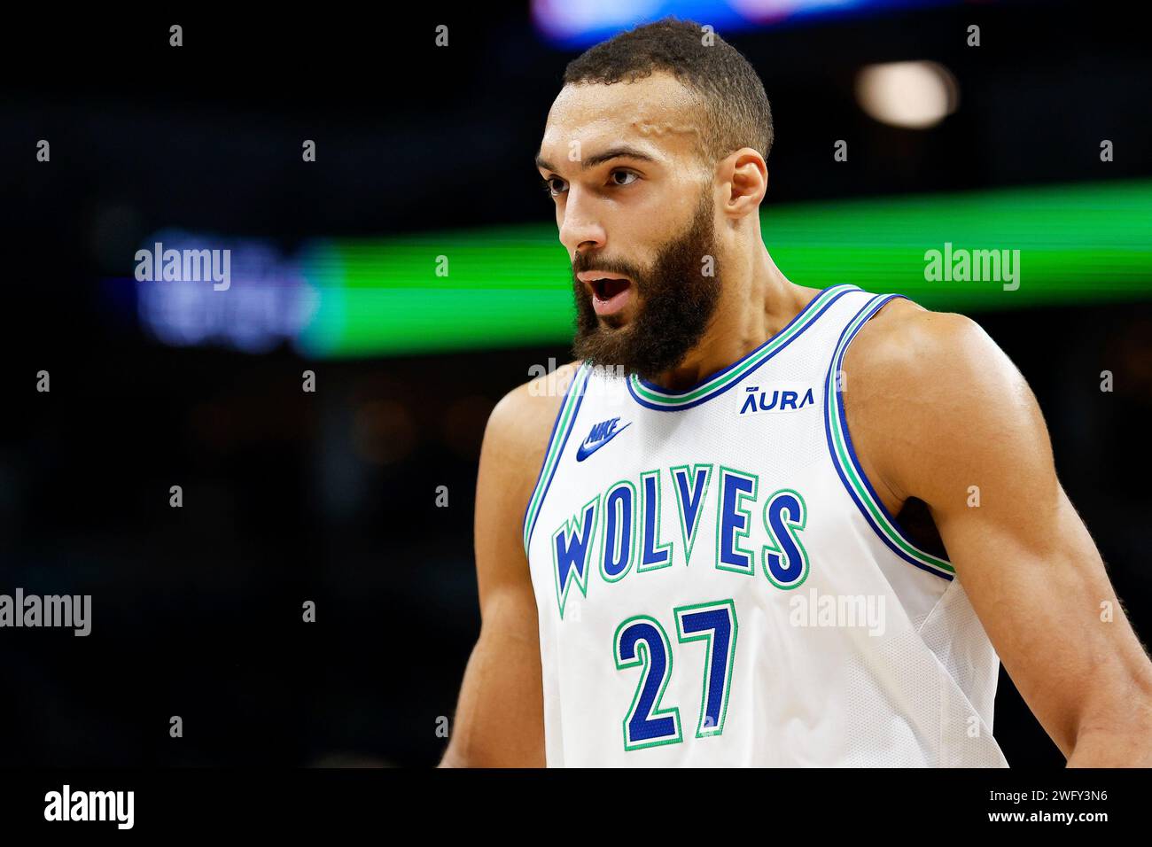 Minnesota Timberwolves center Rudy Gobert (27) looks on during the second half of an NBA ...