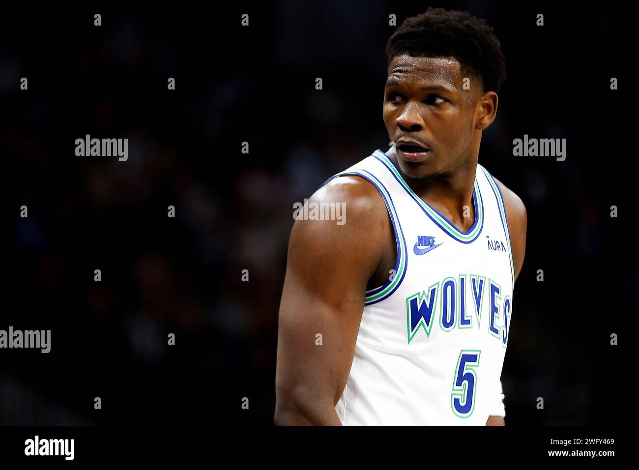 Minnesota Timberwolves guard Anthony Edwards (5) looks on during the ...