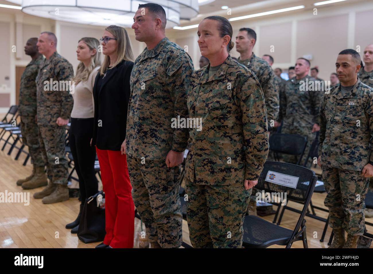 U.S. Marines with 2nd Marine Logistics Group stand at attention for the ...